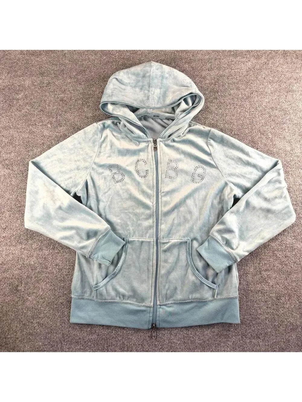 BCBG | Tops | Bcbg Maxazria Light Blue Velour Zipup Hoodie Rhinestone ...